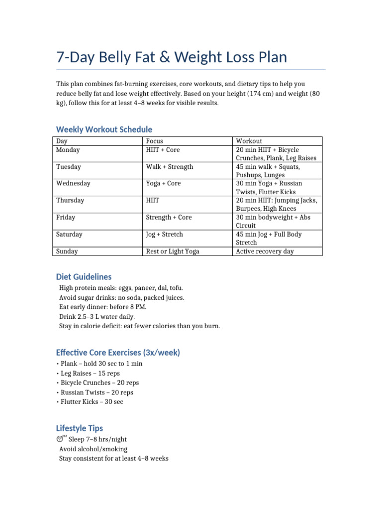 Belly Fat Weight Loss Weekly Plan | PDF