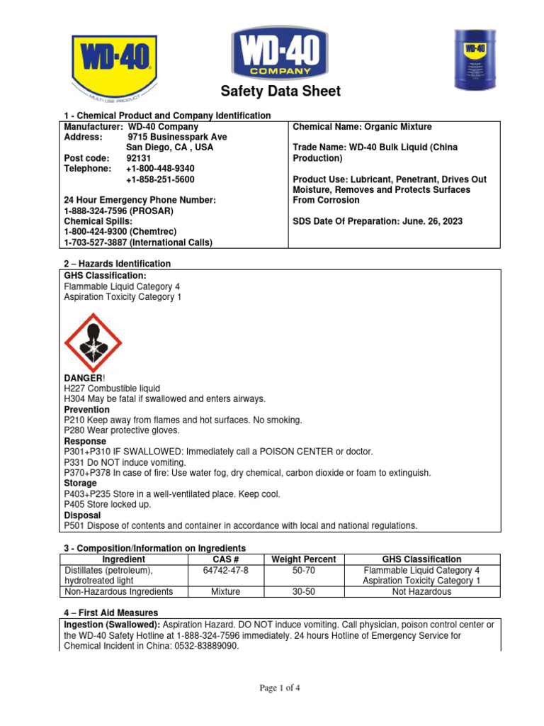WD-40 Bulk Liquid Safety Data Sheet | PDF | Firefighting | Toxicity