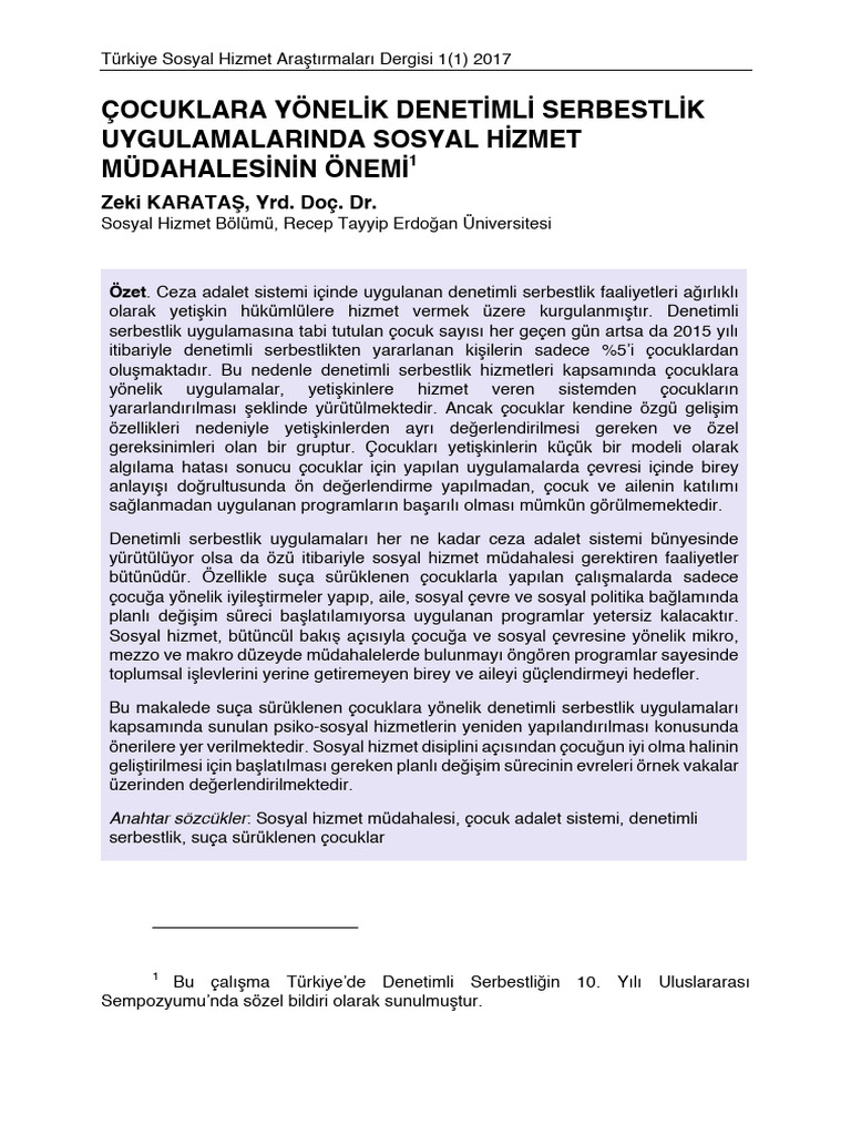 Ocuklara Y Nelik Denetimli Serbestlik Uygulamalar Nda Sosyal Hizmet M Dahalesinin Nemi (#348572 ...