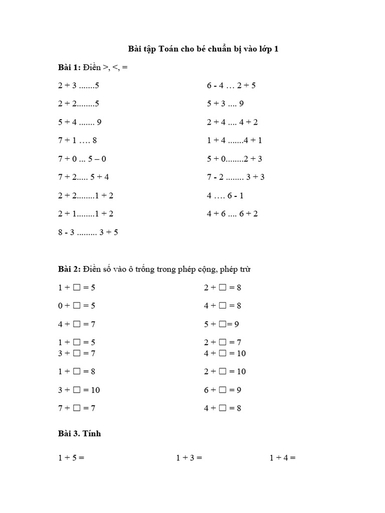 Cac Bai Tap Toan Cho Be Chuan Bi Vao Lop 1 | PDF