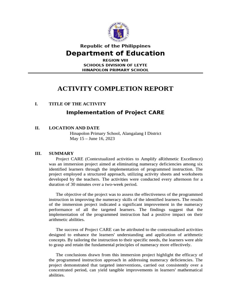 ACR-Project CARE, Project Libre, Project Kape't Guro | PDF | Learning ...