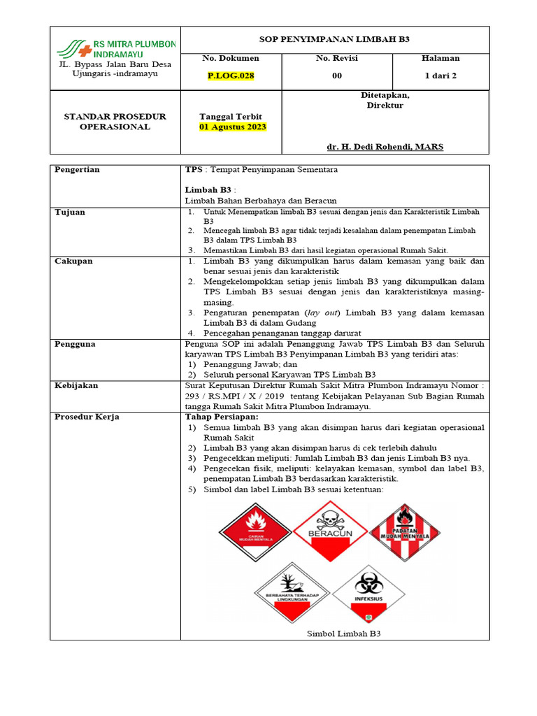 SOP - Penyimpanan - Limbah - B3 (RSMPI) | PDF