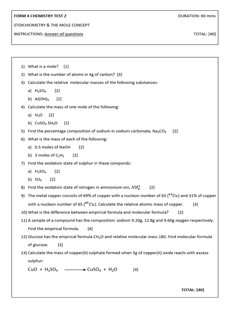 Stoichiometry & Mole Concept Test | PDF