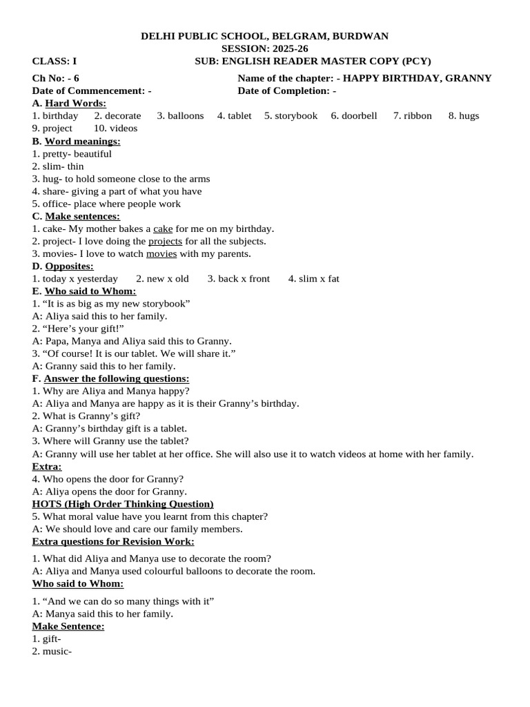 Class I English Reader Master Copy Ch-6, Poem | PDF
