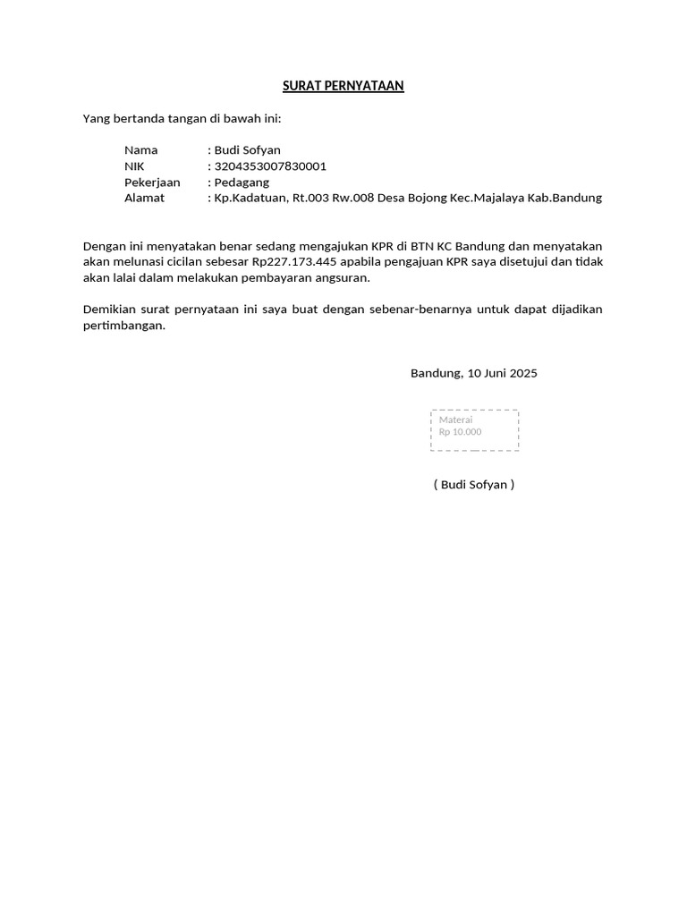 Surat Pernyataan KPR Budi Sofyan | PDF