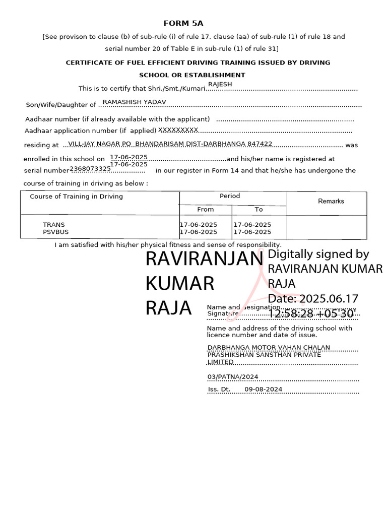 Form5a RAJESH (KISHAN KUMAR DTO) | PDF