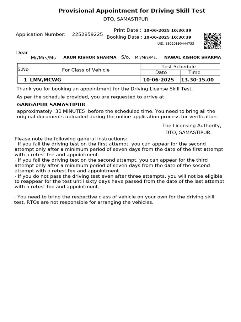 Provisional Appointment For Driving Skill Test: 1 LMV, MCWG 10-06-2025 ...