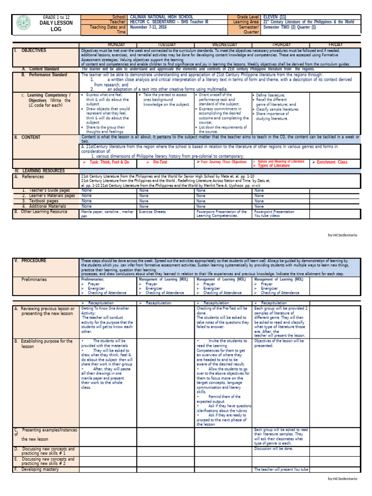 Grade 11 Daily Lesson Log: 21st Century Literature | PDF | Teachers ...