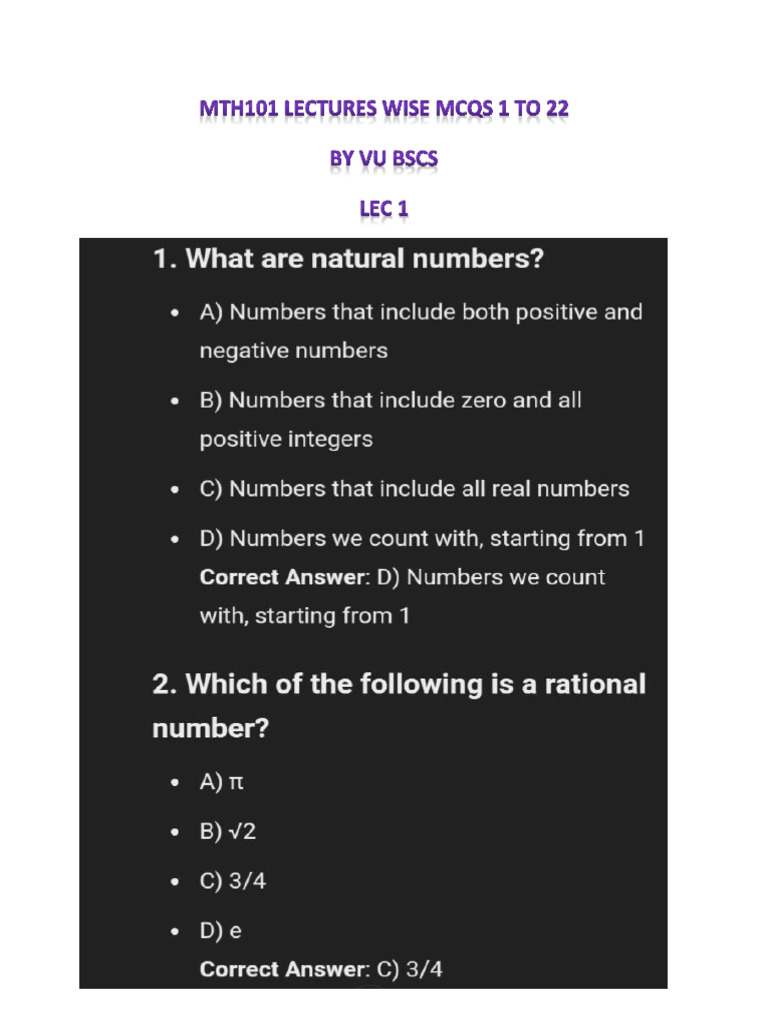 Mth101 Lectures Wise Mcqs 1 To 22 by Vu Bscs | PDF