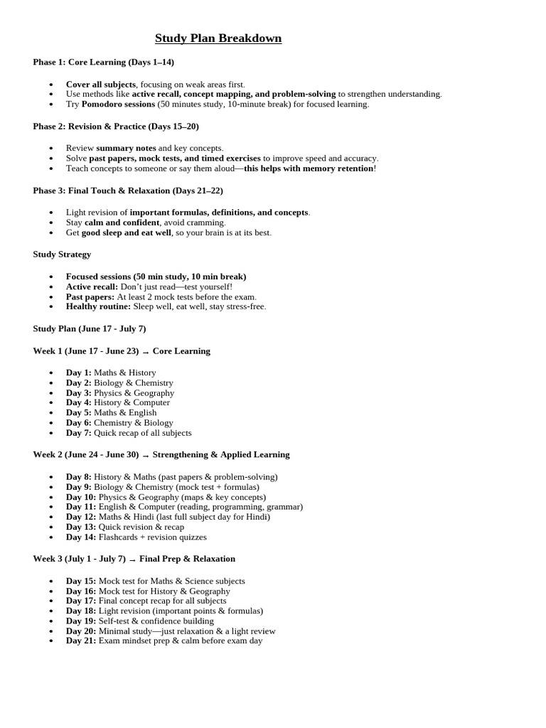 Study Plan Breakdown | PDF | Learning | Cognitive Science