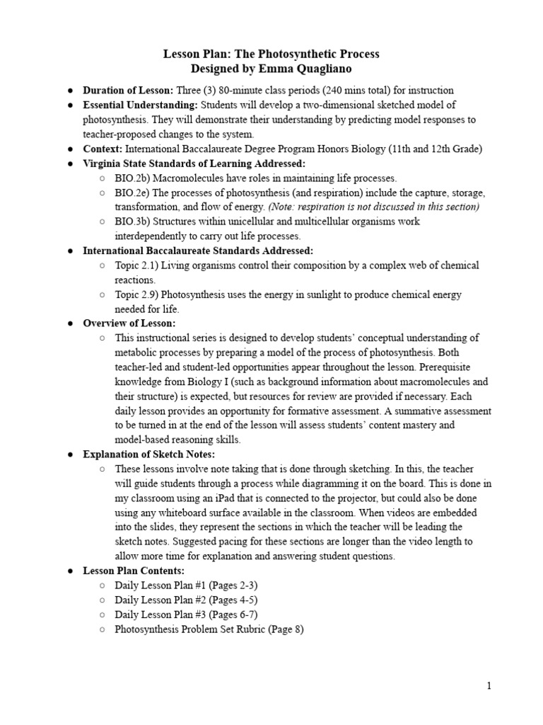 Lesson Plan: The Photosynthetic Process Designed by Emma Quagliano ...