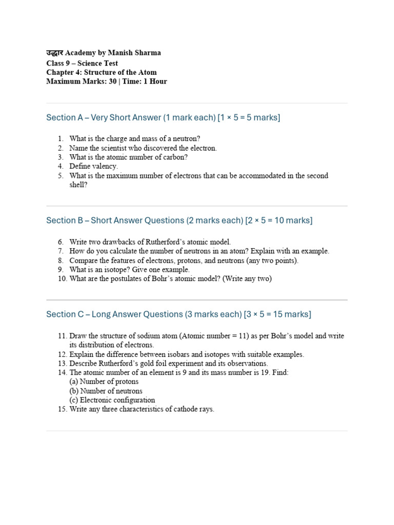 Section A - Very Short Answer (1 Mark Each) (1 × 5 5 Marks) | PDF