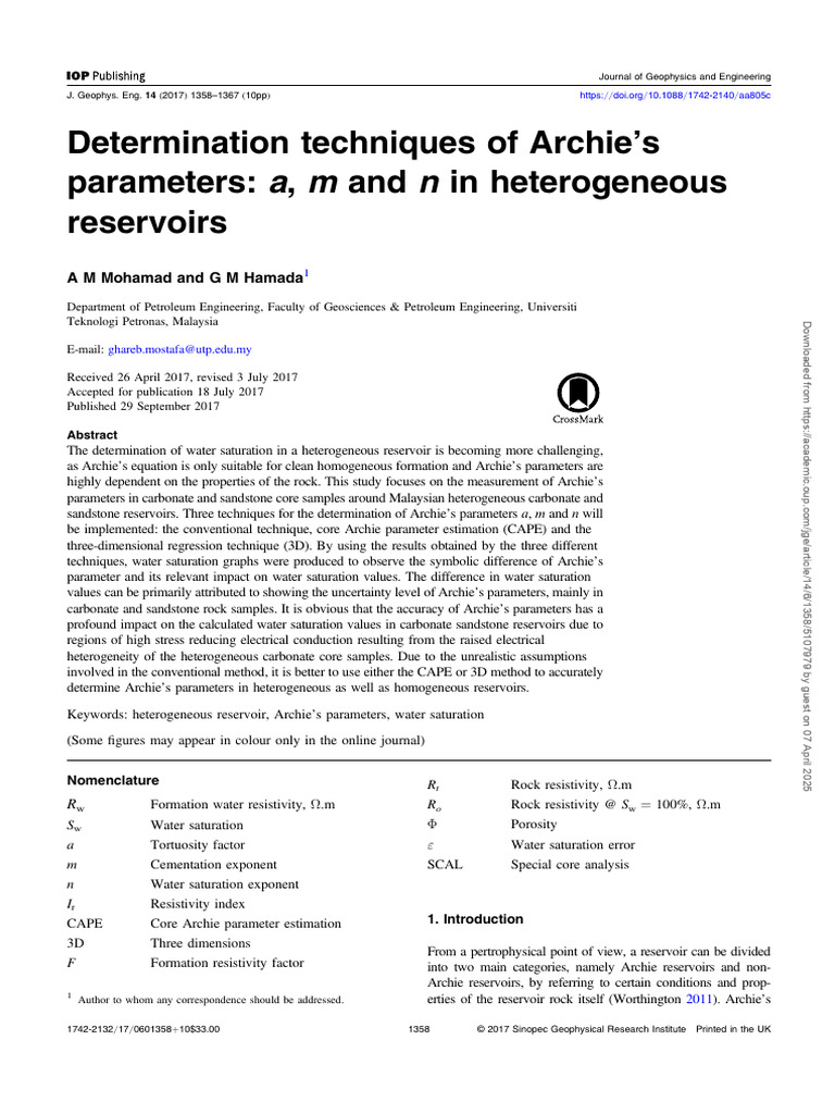 Jge - 14!6!1358 Determination Techniques of Archie's Parameters | PDF | Petroleum Reservoir ...