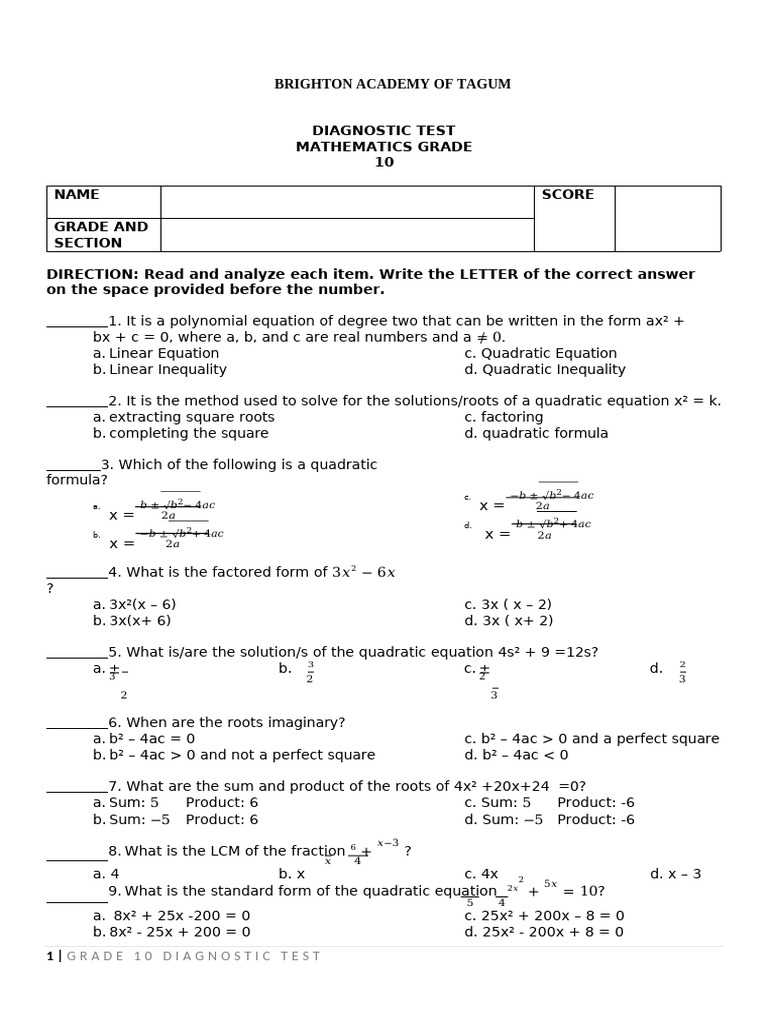 Diagnostic Test - Mathematics 10 | PDF | Quadratic Equation ...