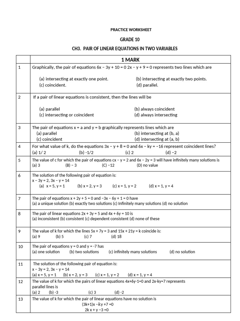 Grade 10 Linear Equations Practice Worksheet | PDF | Equations | System ...
