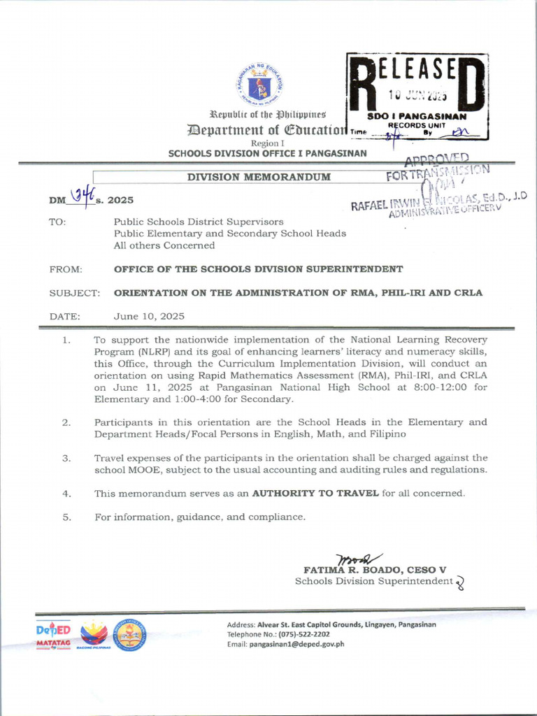 Dm346s2025-Orientation On The Administration of Rma, Phil-Iri and Crla ...