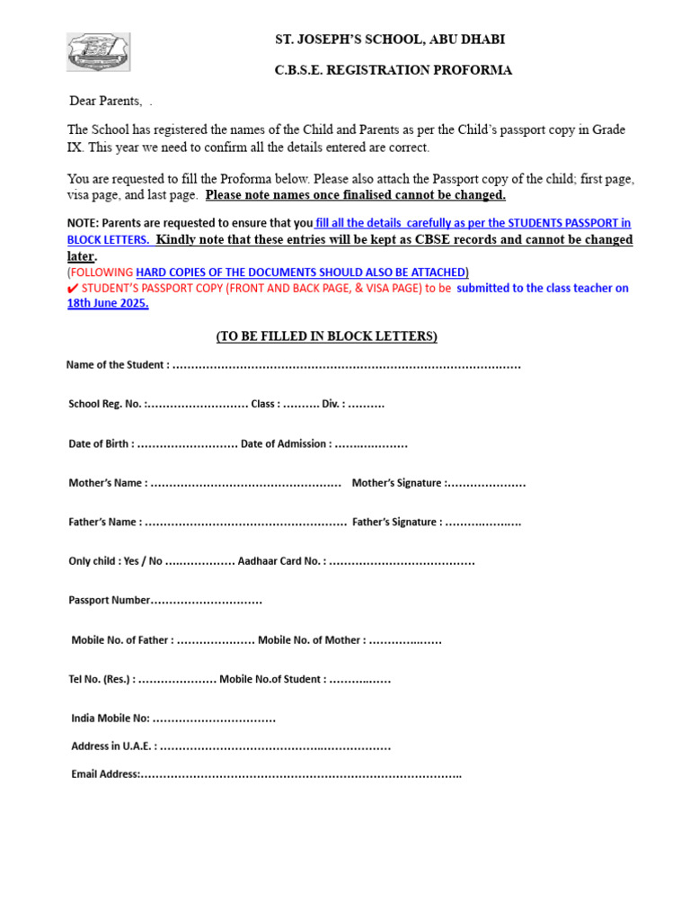 Class 9 Registration Proforma 2025 | PDF