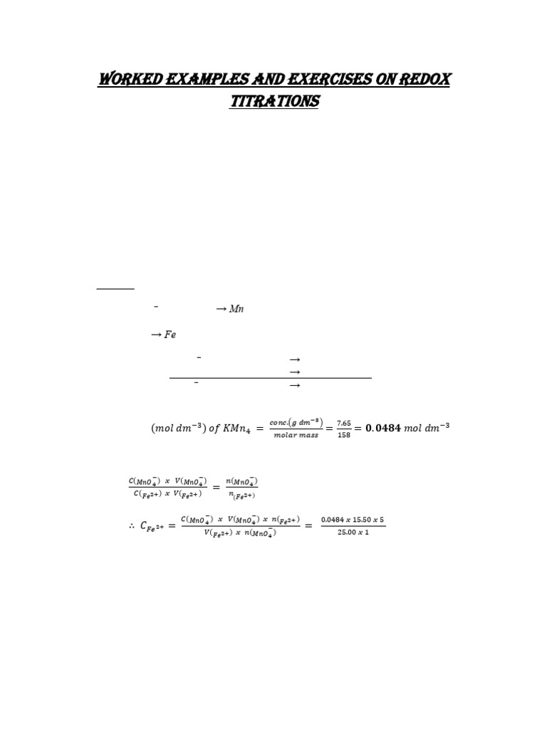 Worked Examples and Exercises On Redox Titrations | PDF | Redox ...