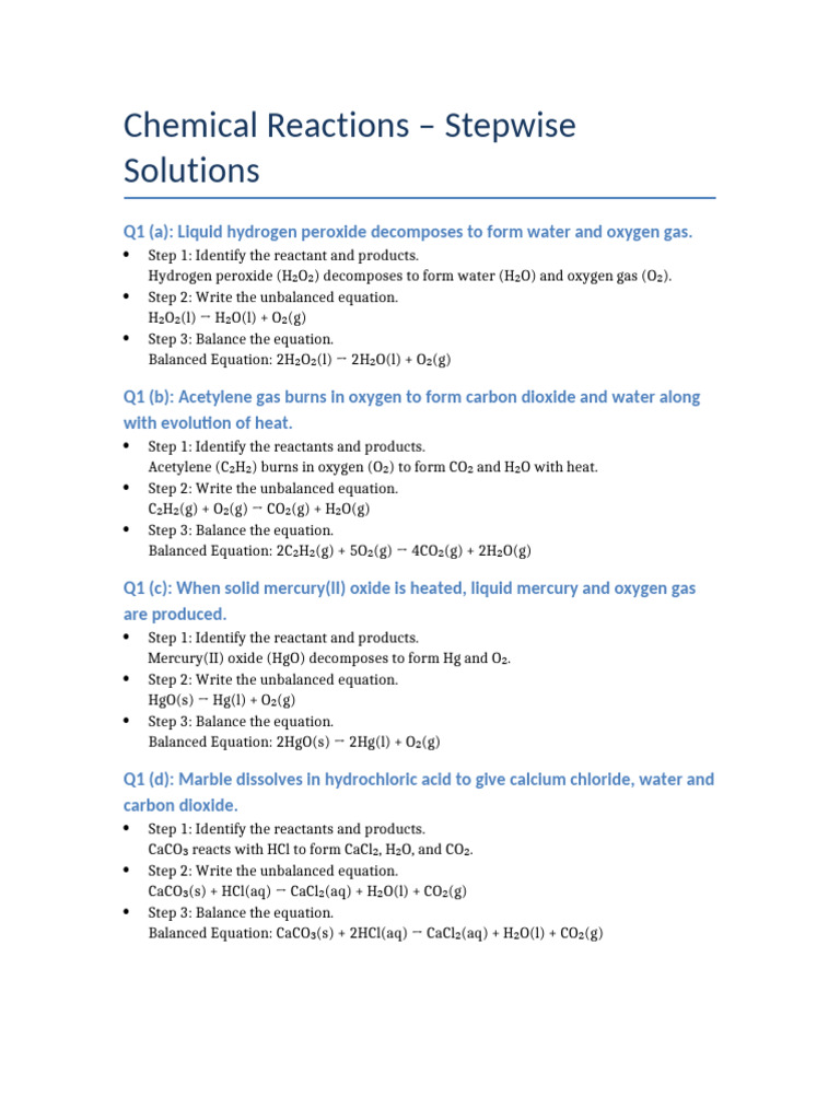 Balanced Chemical Equations Stepwise Solution (1) | PDF