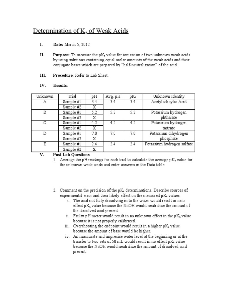 Determination of Ka of Weak Acids Lab Report | PDF | Acid Dissociation ...
