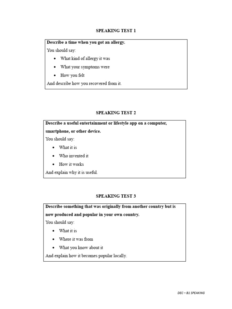 B1 Speaking Test Topics Overview | PDF
