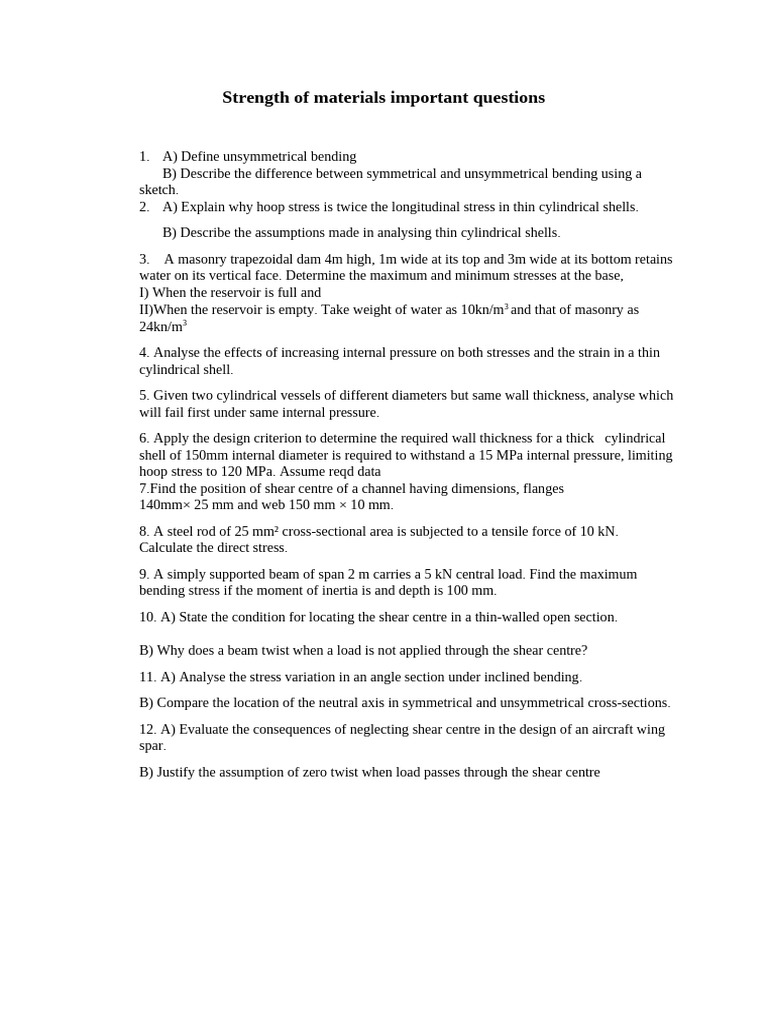 Strength of Materials Important Questions | PDF