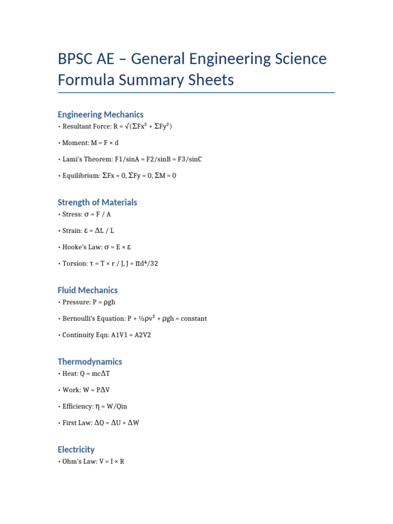 BPSC AE GES Formula Summary Sheets | PDF