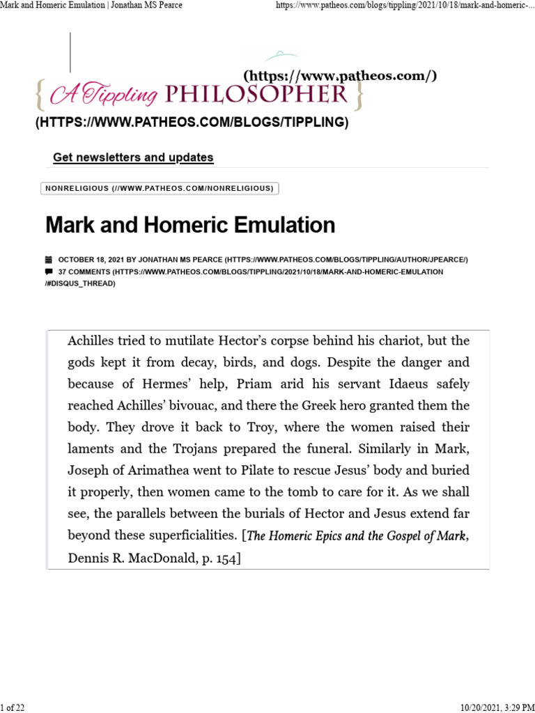 Mark's Emulation of Homeric Burials | PDF | Hector | Gospel Of Mark
