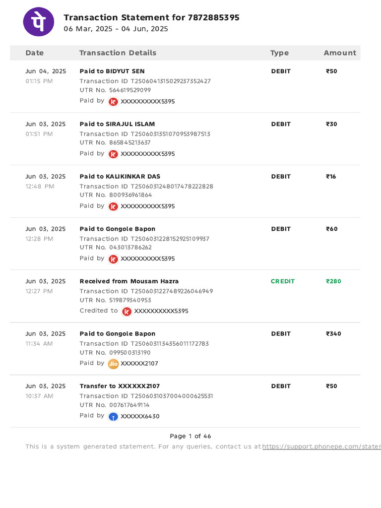 PhonePe Statement Mar2025 Jun2025 | PDF | Debit Card | Debits And Credits