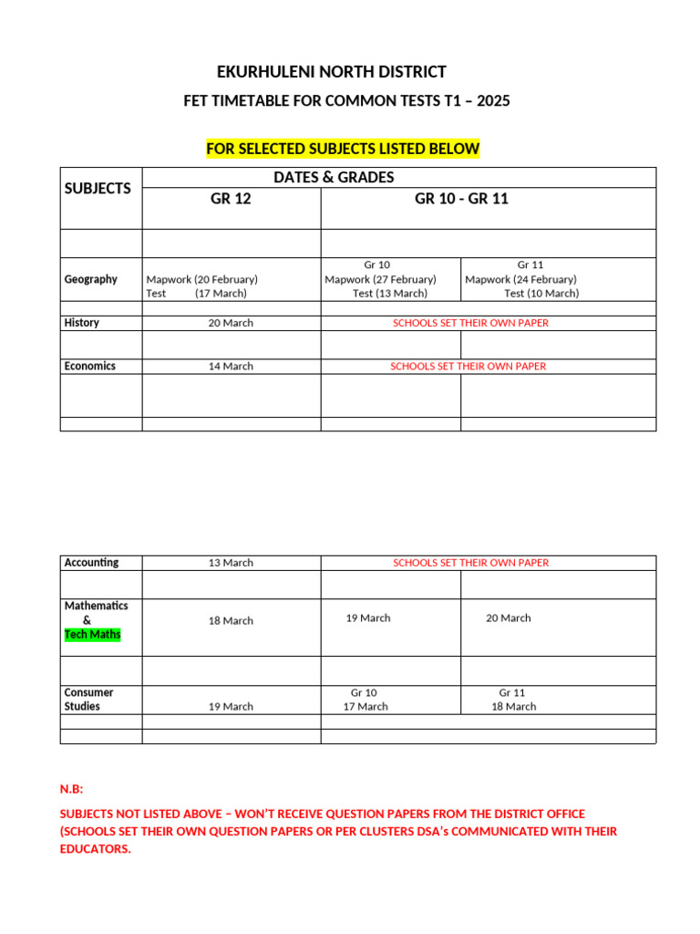 FET Common Tests Timetable T1 2025 | PDF