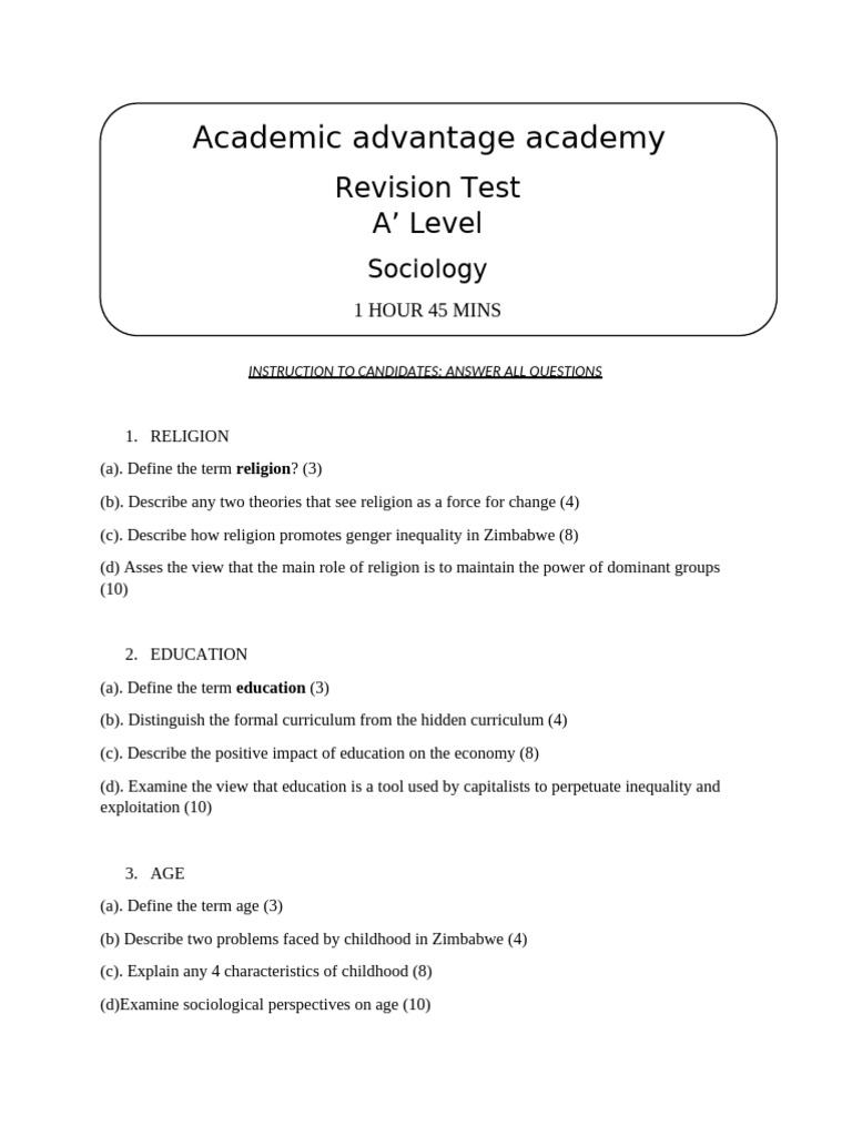 Sociology A-Level Revision Test | PDF