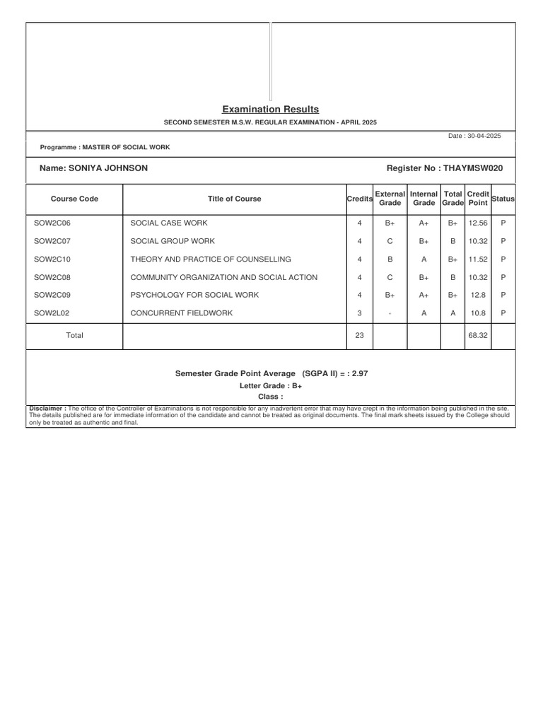 Examination Results: Name: Soniya Johnson Register No: THAYMSW020 | PDF ...