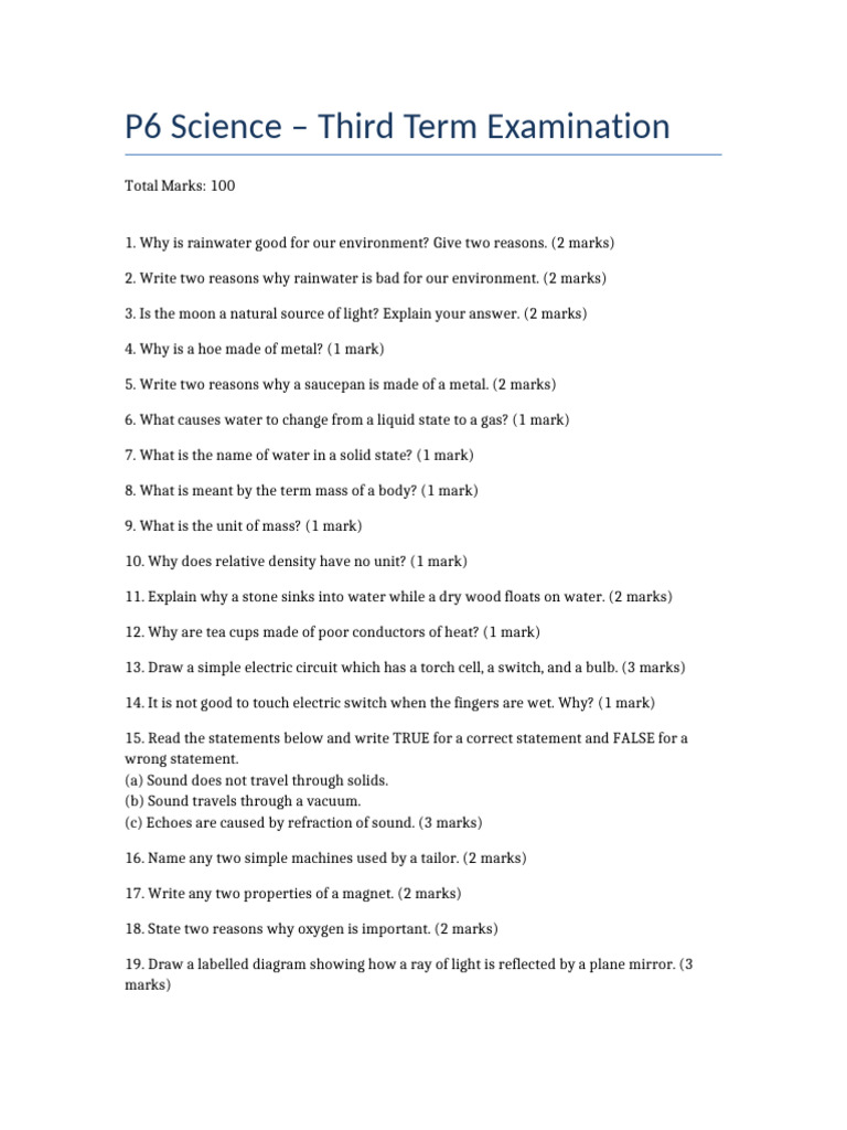 Updated P6 Science Third Term Exam With Marks | PDF | Blood | Flowers