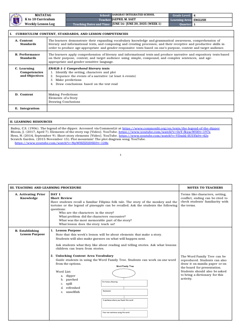 DLL Matatag - English 4 q1 w1 | PDF | Reading Comprehension | Human ...