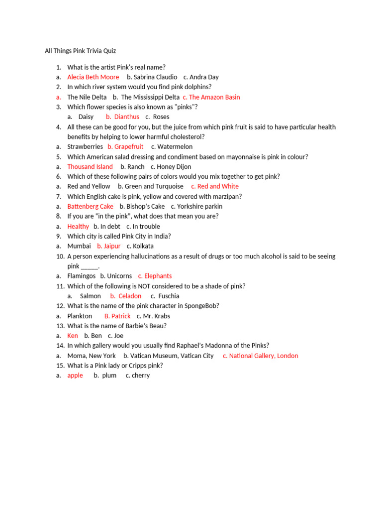 All Things Pink Trivia Quiz | PDF