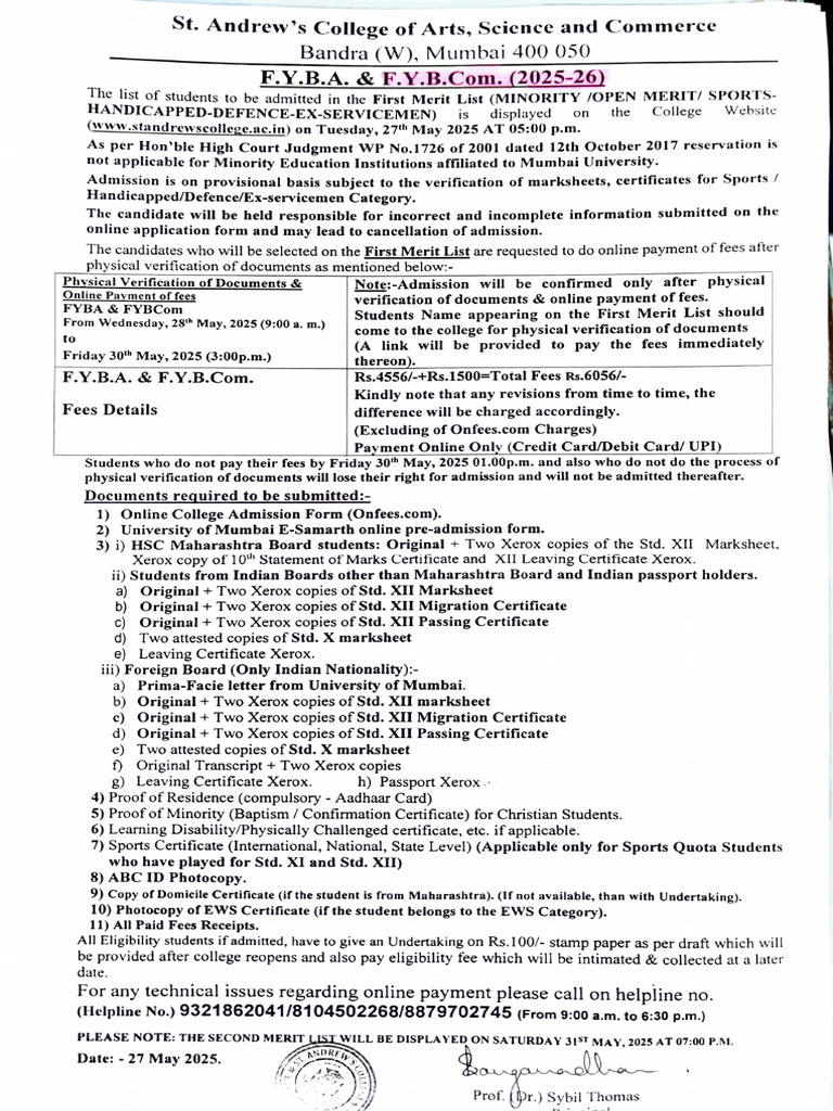 First Merit List of F.Y B.com 2025 26 | PDF | Payments | Money