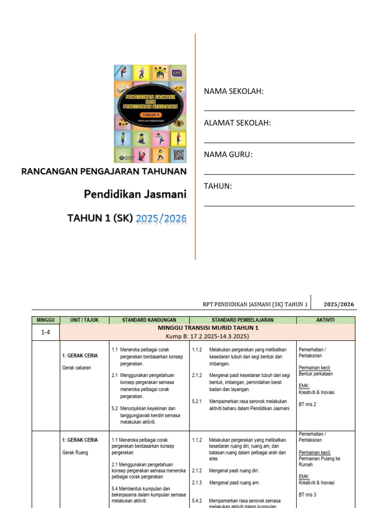 RPT PJ TAHUN 1 | PDF