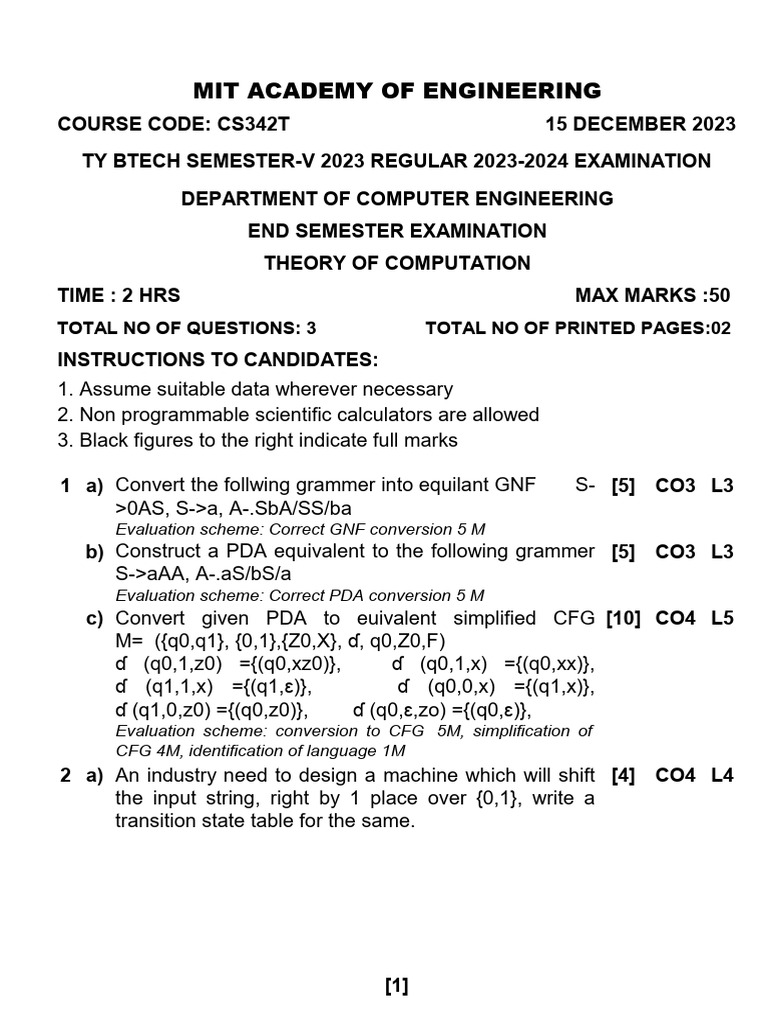 Theory of Computation Exam Paper 2023 | PDF