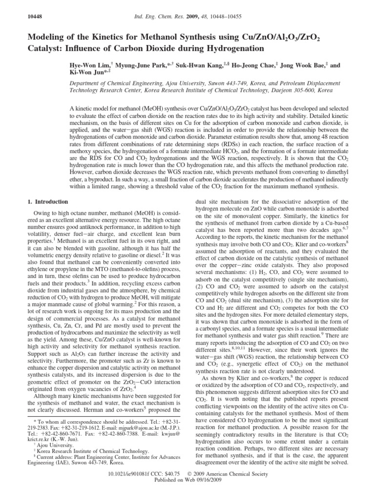 Bae Et Al 2009 Modeling of The Kinetics For Methanol Synthesis Using Cu Zno Al2o3 Zro2 Catalyst ...