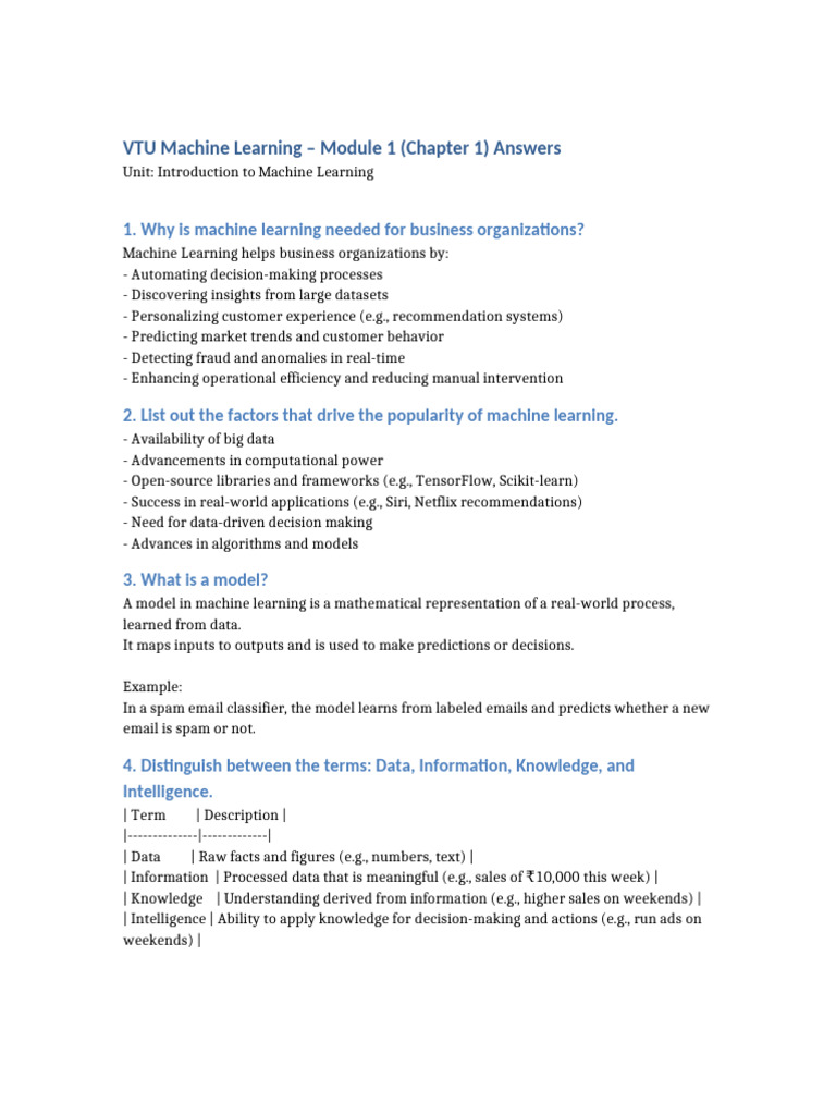 VTU ML Module1 Chapter1 Answers | PDF | Machine Learning | Statistical Classification