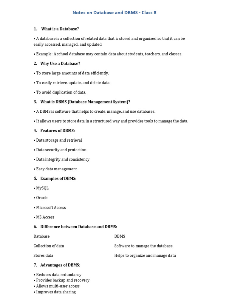 Database and DBMS Notes Class 8 | PDF
