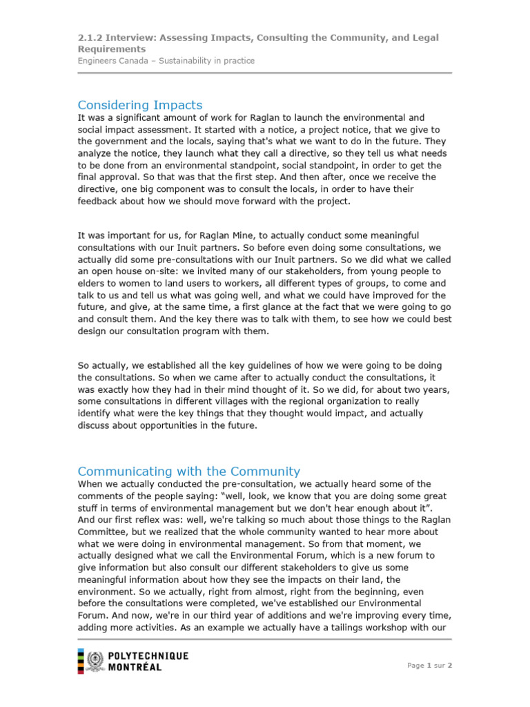 2.1.2 Interview - Assessing Impacts Consulting The Community and Legal Requirements | PDF
