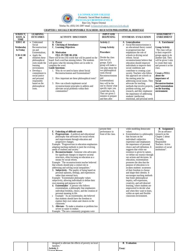 Educ 41 Chap 1 Lesson Plan Report | PDF | Existentialism | Liberal Arts ...