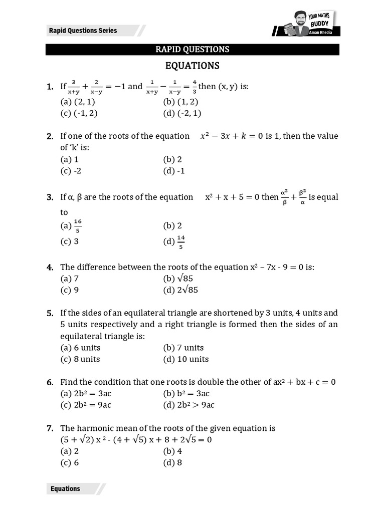 Equations Rapid Questions | PDF | Mathematical Objects | Elementary ...