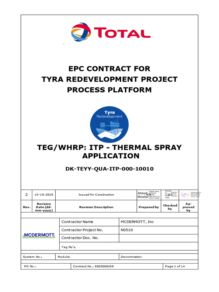 Tyra Project Thermal Spray ITP Document | PDF | Paint | Metals