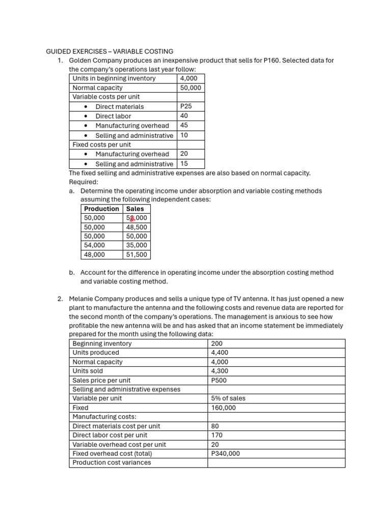 GUIDED EXERCISES - Absorption and Variable Costing | PDF | Cost Of Goods Sold | Financial Economics