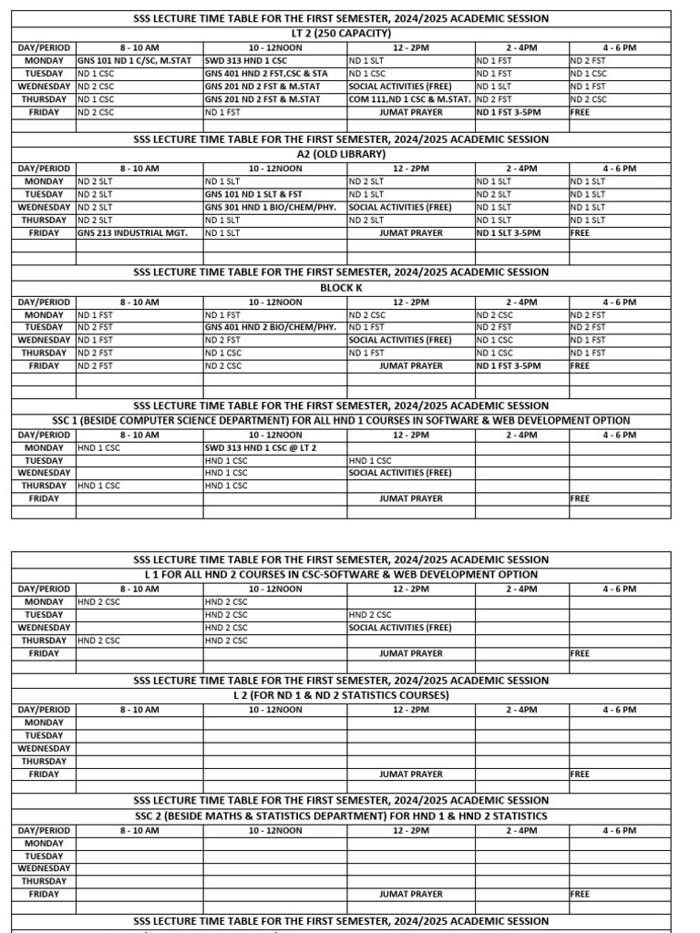 SSC Lecture Time Table For The First Semester 2024-2025 Session | PDF | Academic Term | Government