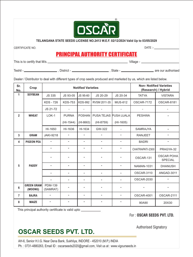 Principal Certificate for Oscar Seeds | PDF | Vegan Cuisine | Edible Plants