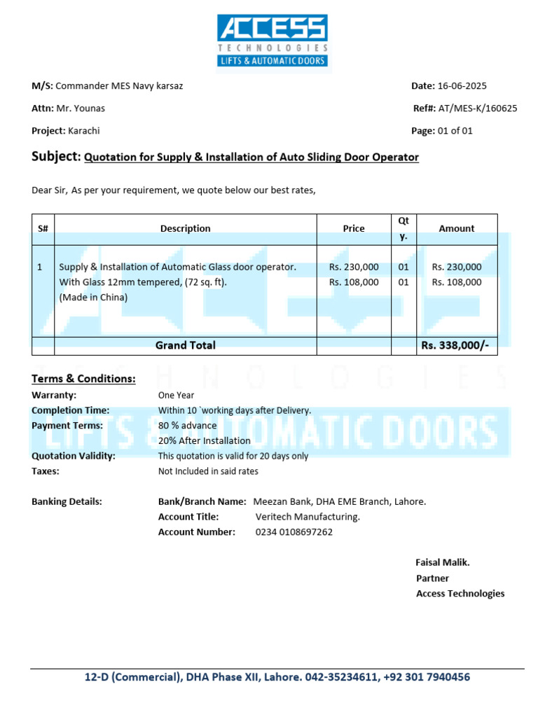 Commander MES Navy Karsaz - KHI - Quotation For Supply & Installation of Auto Sliding Door ...
