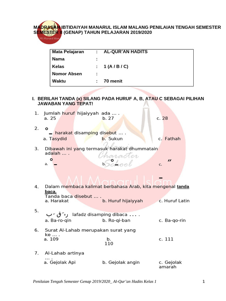 Soal Pts Genap Al Quran Hadits Kelas 1 Compress | PDF